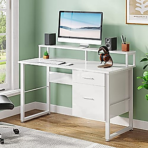 Tribesigns 47 Inches Computer Desk with 2 Drawers, Modern Writing Desk with Hutch, White Simple Study Desk, Space Saving Gaming Table, Large Workstation for Home Office