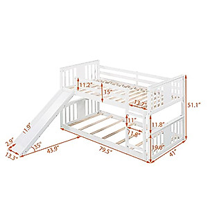 Tidyard Twin Over Twin Bunk Bed with Slide and Ladder, Wood Bed Frame White for Bedroom Dorm Guest Room Home Furniture
