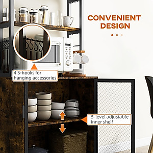 HOMCOM Kitchen Bakers Rack, Microwave Stand, Coffee Bar with Adjustable Shelves, 4 Hooks for Spices, Pots and Pans, Rustic Brown