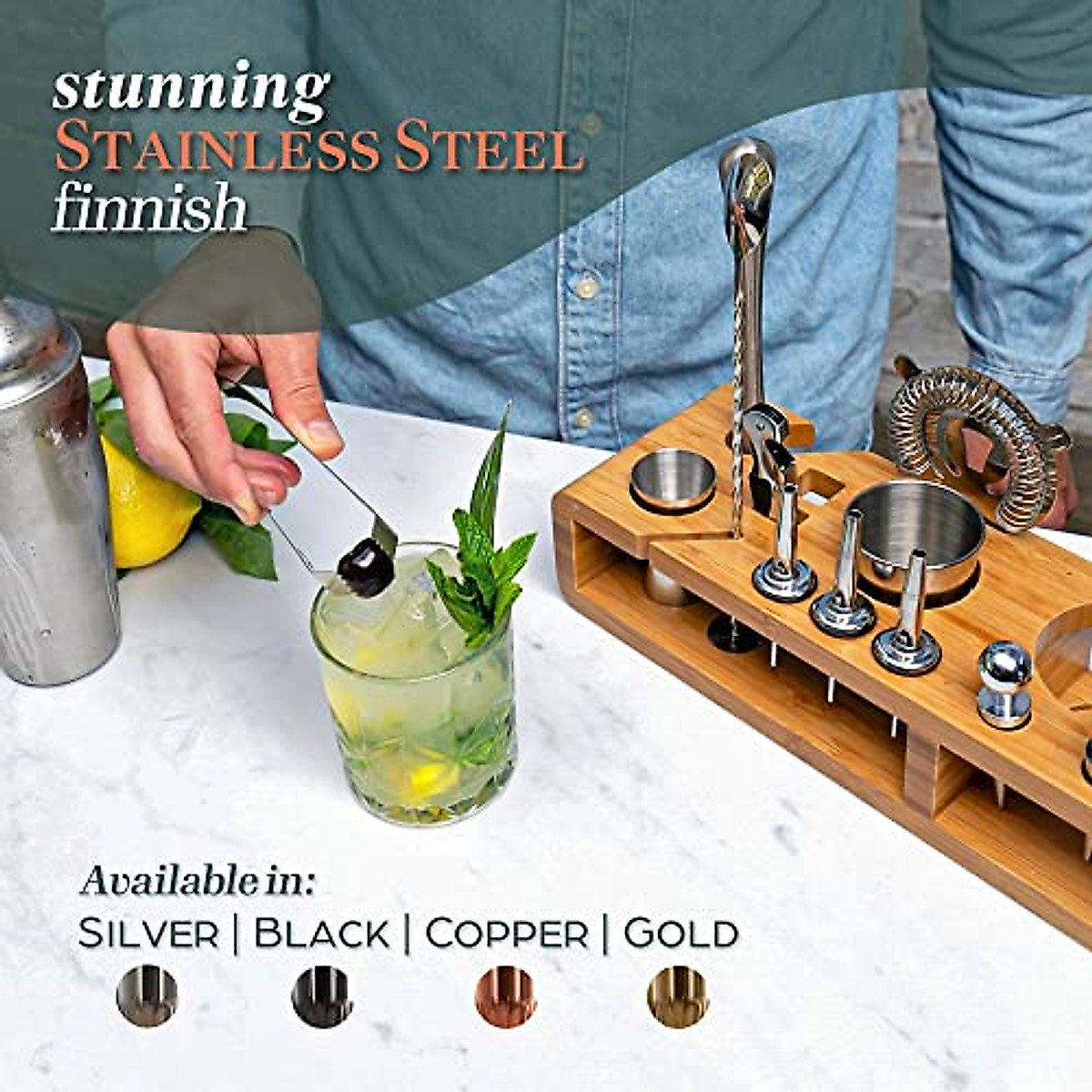 Elite Mixology Bartender Kit Cocktail Shaker Set by barillio: Drink Mixer Set with Bar Tools, Sleek Bamboo Stand, Velvet Carry Bag & Recipes Booklet