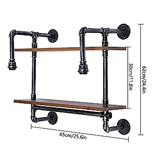 TFCFL Industrial Pipe Shelving with Light, 2 Tier Wall Mounted Steampunk Metal Pipe Floating Shelves Unit Rustic Hanging Book Organizer Storage Bookshelf with Wood Board for Home Office