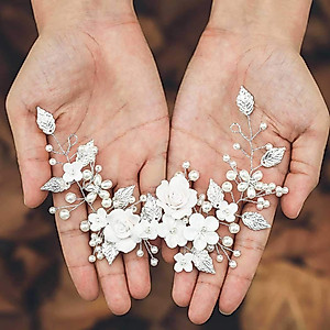 Casdre Flower Bride Wedding Hair Vine Pearl Bridal Headpiece Leaf Hair Accessories Hair Piece for Women and Girls (A Silver)