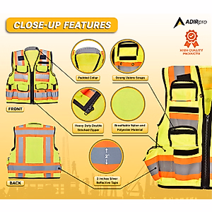 AdirPro Safety Vest - High Visibility Reflective with Zipper and Utility Pockets for Surveyors Engineers Class 2 Construction Workers, Fluorescent Yellow, 10