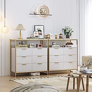 FACBOTALL Modern White Dresser, 6 Drawer Dresser with Shelf, Wood Chest of Drawers with Sturdy Steel Frame, Large Capacity 6 Drawer Dresser for Living Room Home