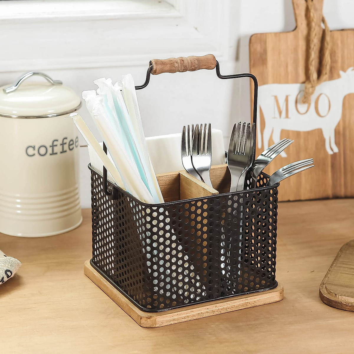 NIKKY HOME Utensil Caddy, Black Metal Caddy with 3 Compartments, Mesh Flatware Holder Organizer with Wooden Handle Perfect for Home, Kitchen, Countertop, Party, Camping, Outdoor and Restaurant