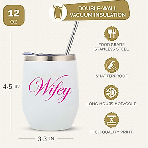 Your Dream Party Shop Wifey Tumbler, White Stainless 12oz Steel Wine Mrs Tumbler with Lid and Straw, Wifey Gifts, Mrs Cup, Perfect Future Bride Tumbler or Cool Bridal Shower Gift for the Bride To Be!