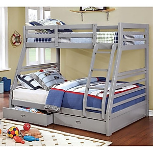 BOWERY HILL Twin Over Full Wood Bunk Bed with 2 Storage Drawers in Gray