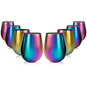'Eco Unbreakable Holographic Stainless Steel Wine Glasses (16 oz, Set of 8) - Multi-Color Wine Tumblers Maintain Drink Temperature - Great for Entertaining & Parties - Shatterproof, Reusable Tumblers