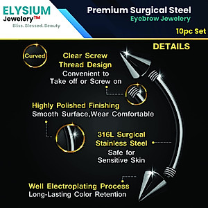 ELYSIAN 10Pcs tainless Steel Rook Daith Earrings Belly Lip Ring Eyebrow Studs Cartilage Tragus Cubic Zirconia Barbell Body Piercing 8mm (5/16''), Blue, Black, Green, Gold, Pink, Purple, Silver