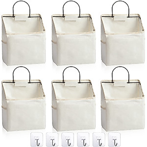 Chumia 6 Pack Wall Hanging Storage Basket Bathroom Closet Hanging Storage Bag Over The Door Hanging Basket Bedroom Wall Storage Organizer Waterproof Linen Cotton Box Containers and 10 Hooks(White)