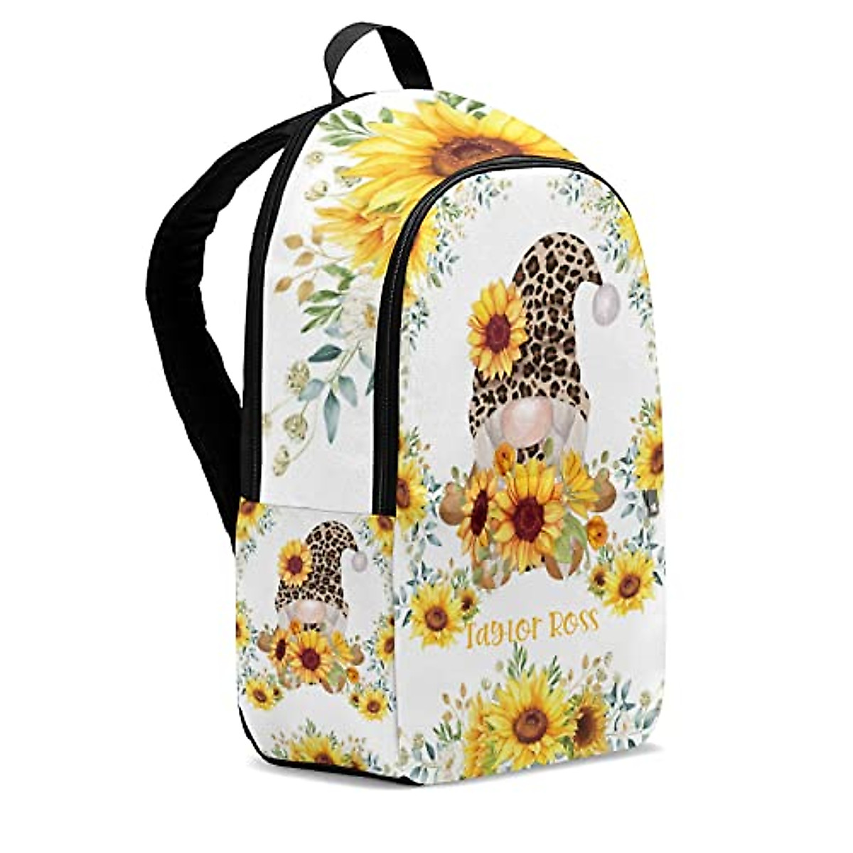 Personalized Name Sunflower Leopard Gnome Watercolor Backpack Unisex Bookbag for Boy Girl Travel Daypack Bag Purse 17.7 IN