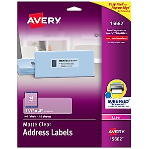 Avery Printable Address Labels with Sure Feed, 1-1/3" x 4", Matte Clear, Permanent Adhesive, Laser Printers, 140 Blank Mailing Labels, Great for Mailing, Product Labels, Jar Labels, and More (15662)