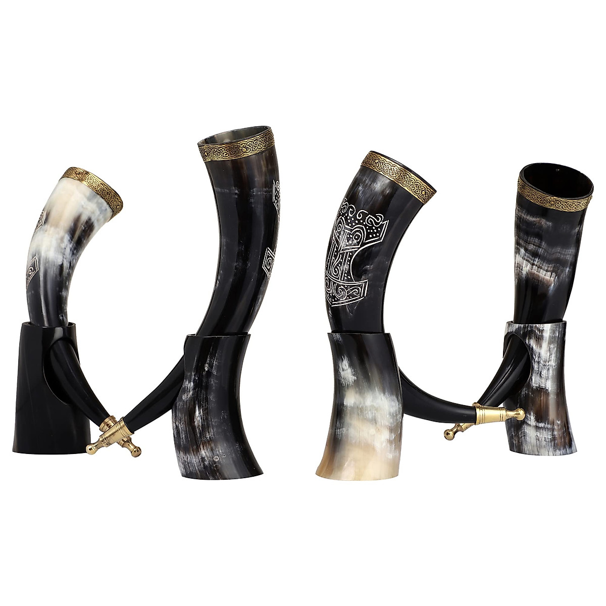 Bhartiya Handicrafts Viking Drinking Horn with Stand - Unique Genuine Ox Horn - Handmade Horn- Mjolnir Carved Horn - Thor Horn 4 pieces