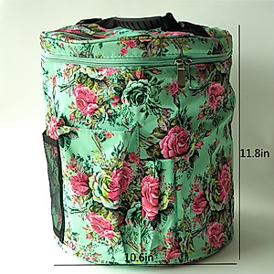 Colabrili Crochet Storage Organizer Bag, Round Wool Bucket Pouch with Peony Print, DIY Green Knitting Yarn Tote Storage Bag, Empty Round Yarn Storage Case for Knitting Supplies Set for Adults