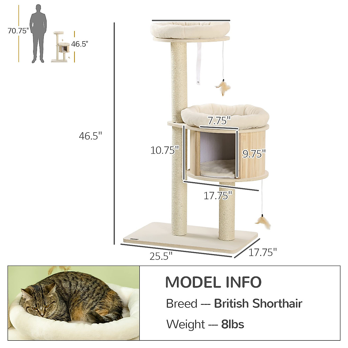 PawHut 3-Level Cat Tree with Sisal Scratching Posts, Fun Cat Badminton Toy for Playing, Soft Cushions, & Play Areas