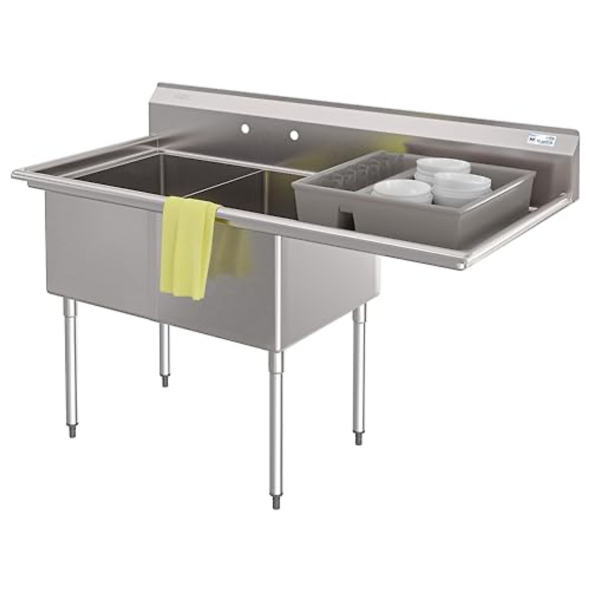 KoolMore 63 in. 18-Gauge 2-Compartment Commercial Sink with Backsplash and 24 in. Right Drainboard, Bowl dimensions 18"x24"x14" in Stainless-Steel (KM-SB182414-24R3)