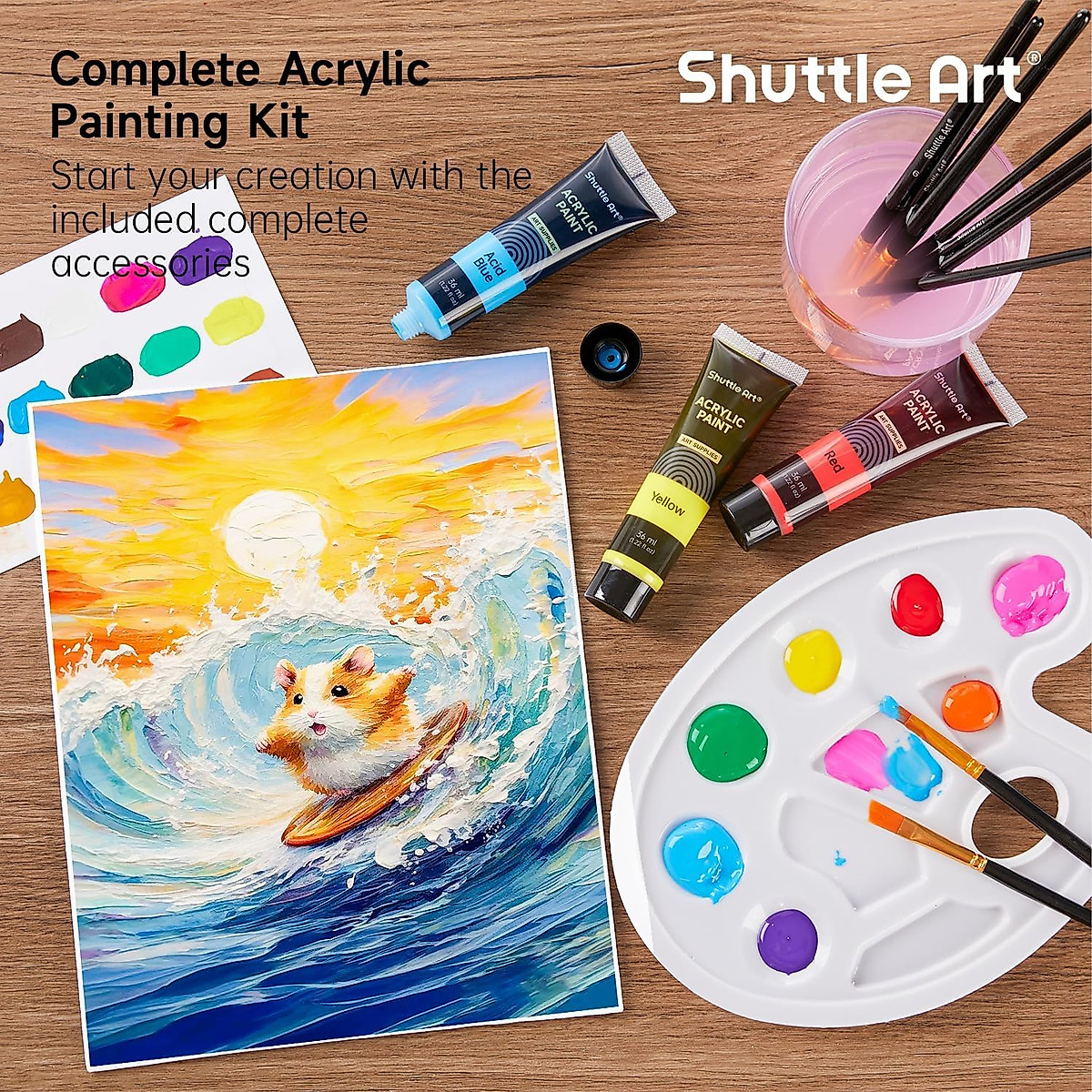 Shuttle Art 30 Colors Acrylic Paint Set, 36ml Tubes with 3 Brushes, Artist Grade Acrylic Paint, for Kids Adults Beginners, Painting on Crafts Canvas Wood Rocks
