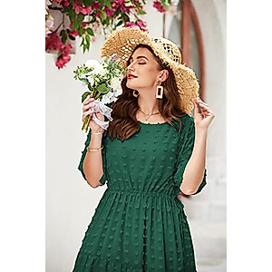 IN'VOLAND Womens Chiffon Elegant Plus Size Dresses Swiss Dot Babydoll Short Sleeve Party Midi Dress Dark Green