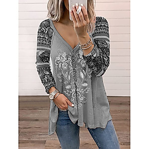 Mayntop Womens Tops Shirt Flower Graphic Striped Aztec Paisley Pattern Print Ethnic Long Sleeve Plus Size V-Neck Button Loose Blouse(A Gray,5XL)