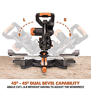 Evolution Power Tools R255SMS-DB+ 10-Inch Dual Bevel Sliding Miter Saw Multi-Material, Multipurpose Cutting Cuts Metal, Plastic, Wood 45˚-45˚ Double Bevel & 50˚-50˚ Miter TCT Blade Included