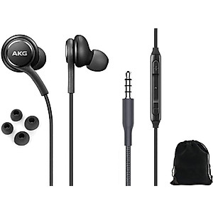 ElloGear 2023 OEM Earbuds Stereo Headphones for Samsung Galaxy S10 S10e Plus A31 A71 Cable - Designed by AKG - with Microphone and Volume Buttons (Black) with Carrying Pouch