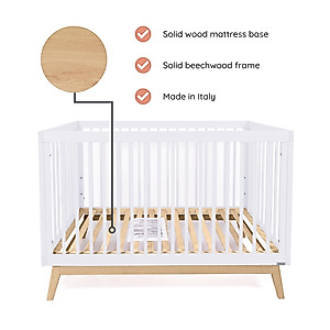 dadada Baby Soho 3-in-1 Convertible Crib – Made in Italy, GREENGUARD Gold, Adjustable Mattress Height, Solid Beechwood – Baby-Safe Finish, Modern Design 53.15 x 29.95 x 36.7 in (White + Natural)