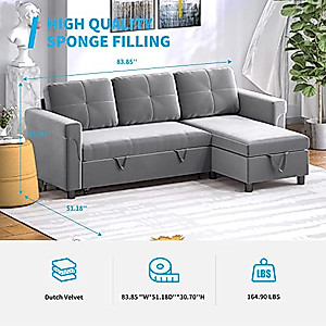 Mjkone 3 Seat L-Shape Sectional Sofa Couch with Pull Out Bed and Reversible Storage Chaise, Modern 84 Inch Sleeper Sofa with Breathable Velvet Fabric for Living Room, Light Gray