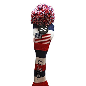 USA Majek Golf Driver 1 3 5 7 X Fairway Woods Headcovers Pom Pom Knit Limited Edition Vintage Classic Traditional Flag Stars Red White Blue Stripes Retro Head Cover Fits 460cc Drivers and 260cc Woods