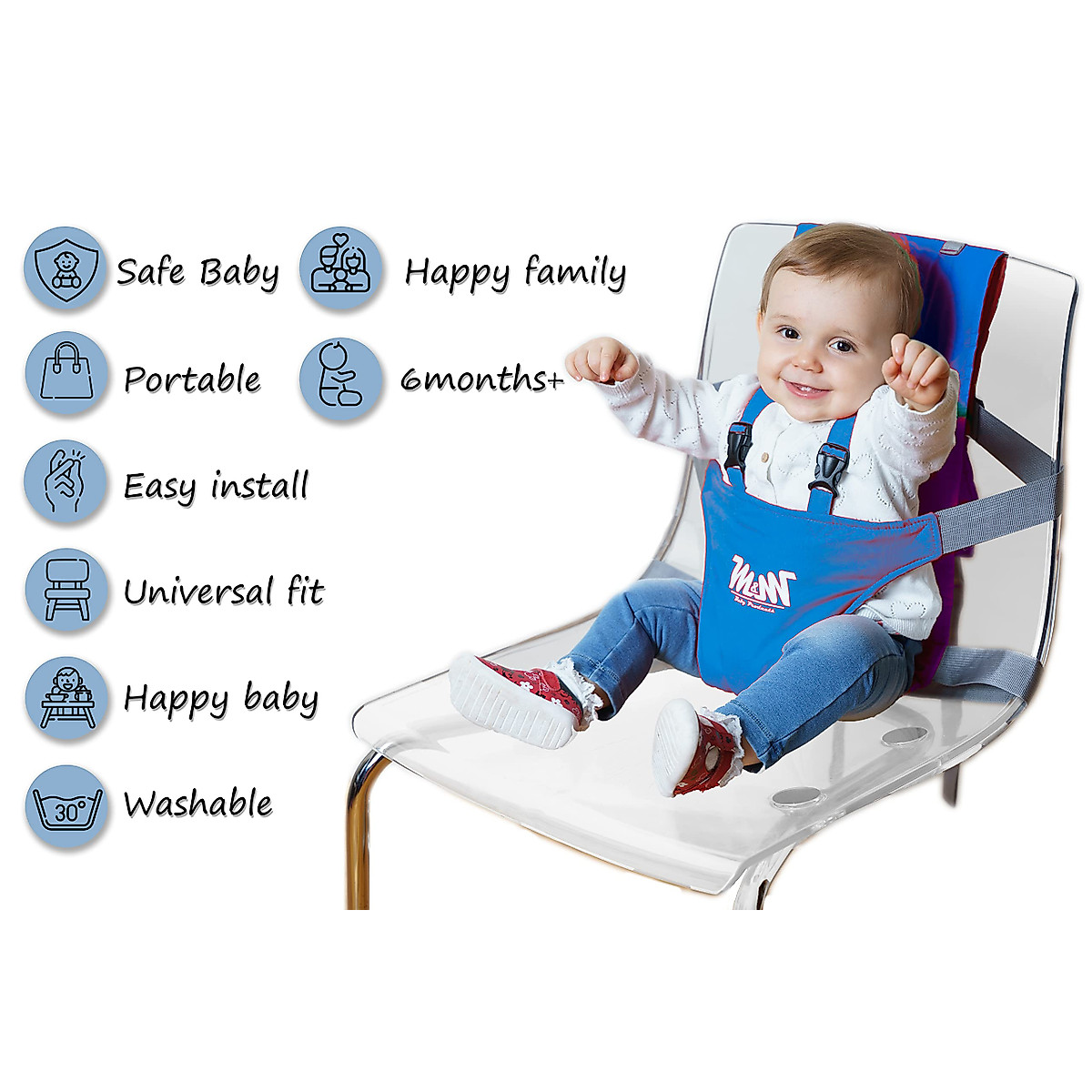 Matthew&Marie Portable Baby Chair Safety Seat Harness (Blue) Baby Safety Harness for Kids and Toddlers - Child Harness for Travel, Home, Restaurant - Universal Size - Color Blue