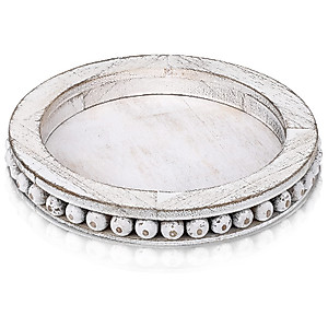 Yulejo Round Rustic Wood Beaded Tray, White, 9.84 in Diameter