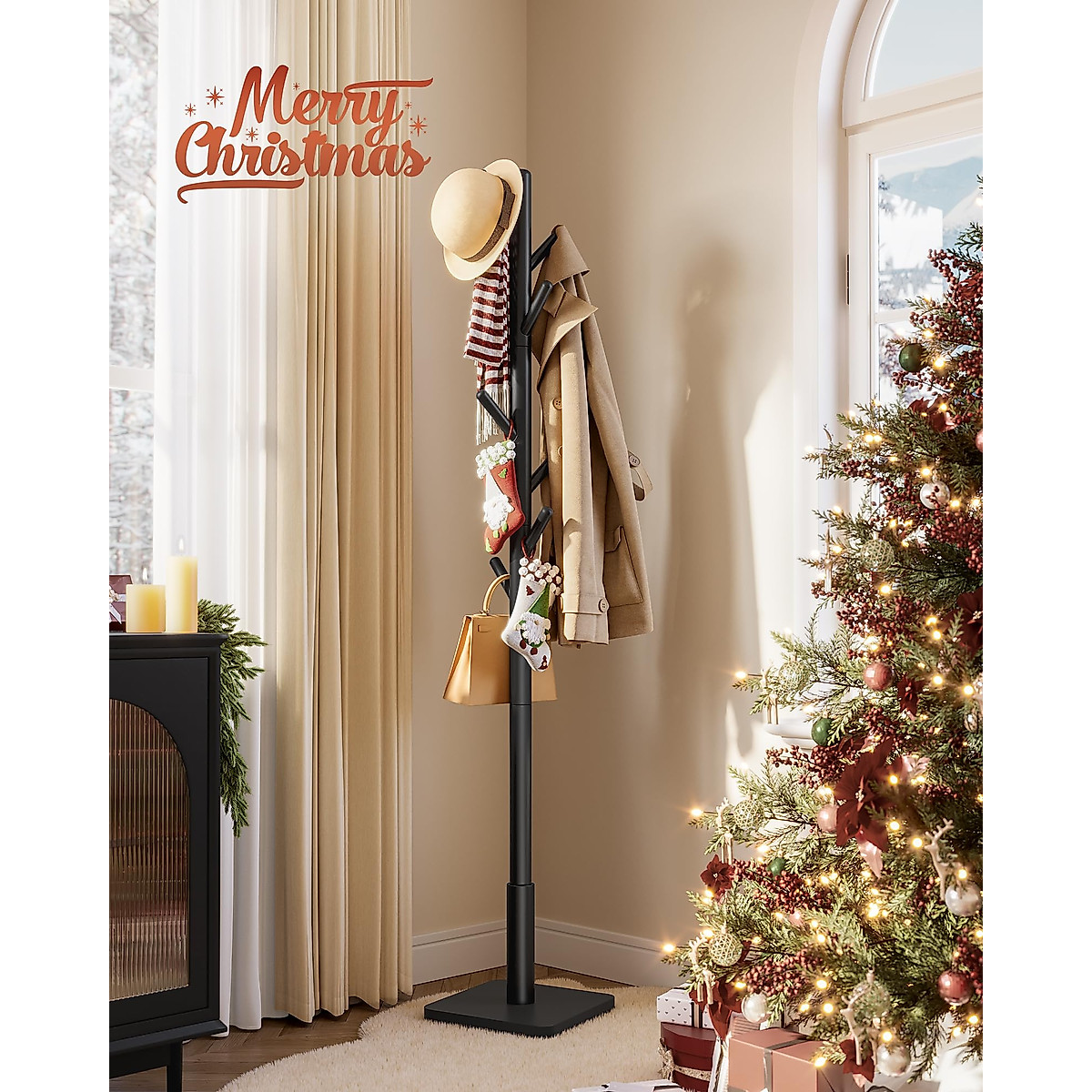 VASAGLE Solid Wood Coat Rack, Free Standing Hall Coat Tree with 8 Hooks, 3 Height Options, for Coats, Hats, Bags, Purses, for Entryway, Hallway, Rubberwood Hooks and Pole, Ink Black URCR010B01