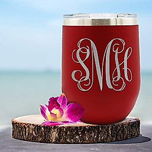 Custom Personalized Vine Monogram Powder Coated 12 oz Insulated Wine Tumbler - Monogrammed for Wife, Her, Women, Mom (Maroon)