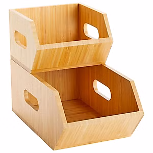 Farmlyn Creek 2 Pack Stackable Bamboo Wood Storage Bins, Organization Boxes for Kitchen Pantry (2 Sizes)