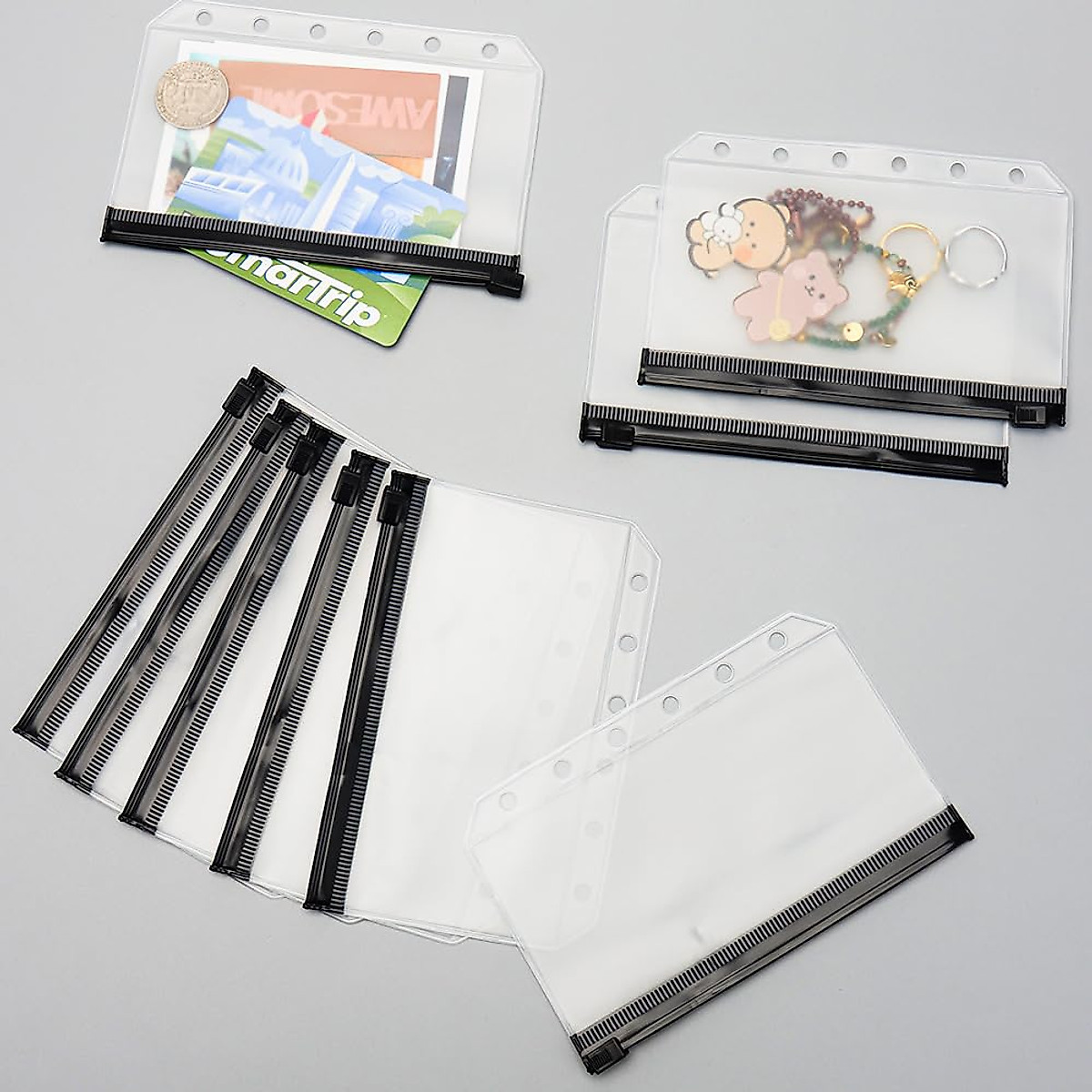 Mogoostry A7 Zipper Pockets 12PCS 6 Holes Binder Pockets Black Zipper Cash Envelopes Pocket A7 Loose-Leaf Zipper Binder Pouch Bag for 6-Ring Journal Budget Folder