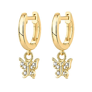 PAVOI 14K Yellow Gold Plated 925 Sterling Silver Post Huggie With Dangle | Small Gold Trendy Hinged Hoop Earrings For Women | CZ Huggie Earrings (Butterfly)