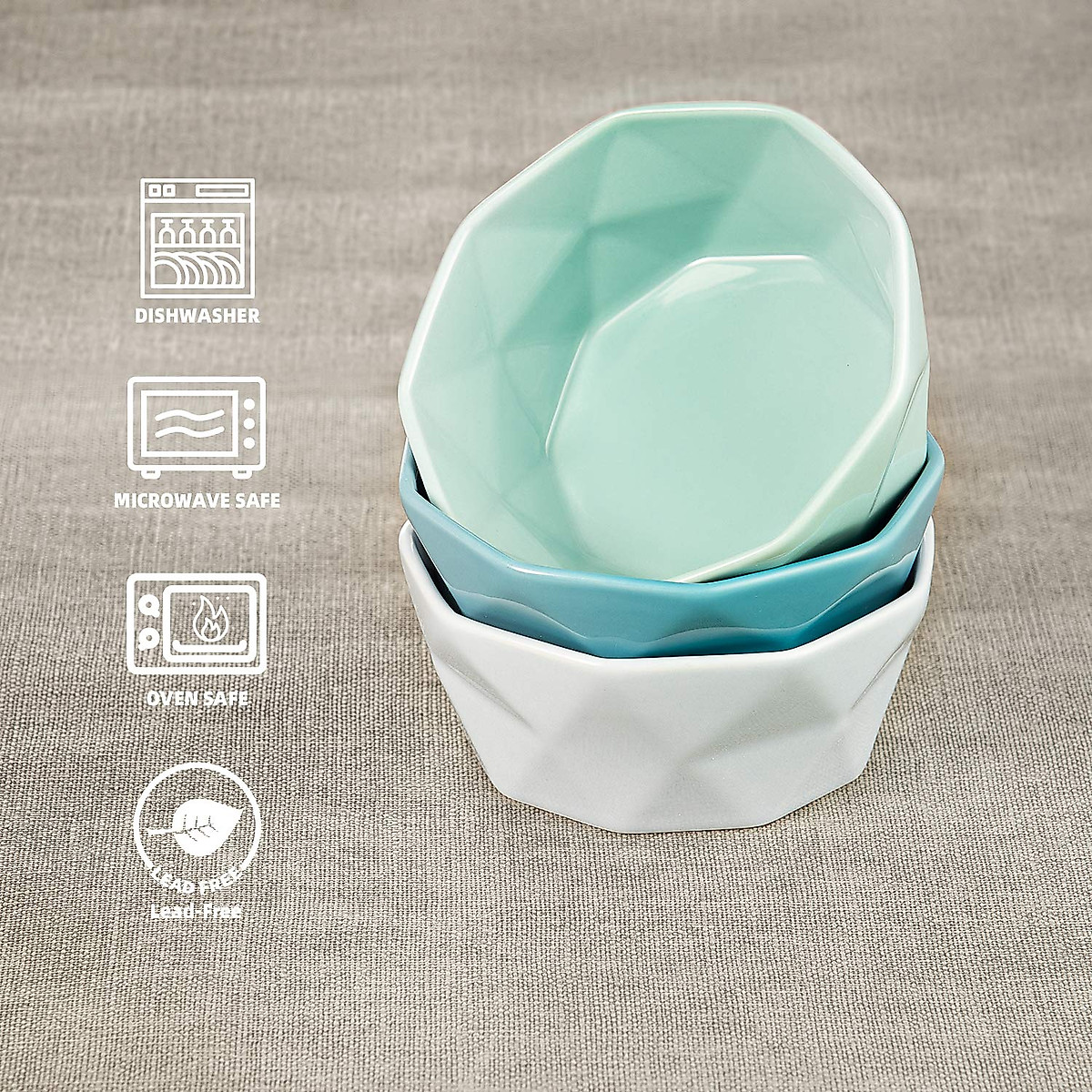 Porcelain Ramekins Dessert Bowls - 8 Ounce Ceramic Oven Safe Geometric Bowl for Baking Creme Brulee Dessert Pudding Ice Cream Snack Souffle Party Decoration Bouillon Cups - Set of 6