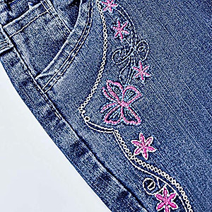 Peacolate 5-10Years Little Big Girls 2pcs Clothing Set Pink Stripe T Shirt and Blue Butterfly Embroidered Bootcut Jeans(Pink,6-7Years)