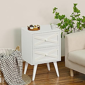 Lerliuo White Nightstand, Bed Side Table with 2 Drawers Barn Door, Solid Wooden Legs Night Stand, Mid Century Modern End Table Storage Wood Cabinet Dresser for Bedroom, Living Room, Dorm