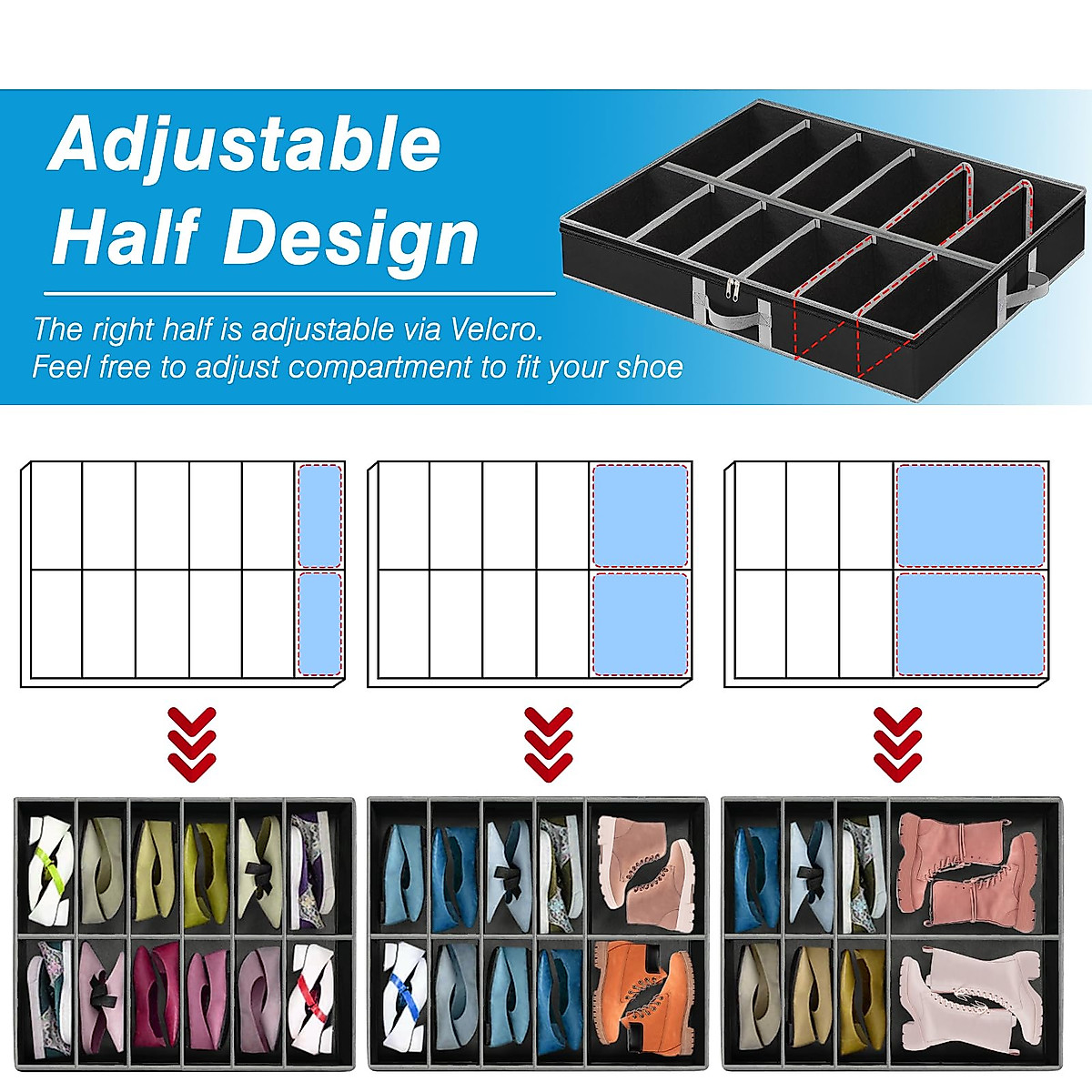 boailydi Under Bed Shoe Storage, 2 Pack Adjustable Velcro Shoe Organizer Under Bed With Bottom & Side Support, Sturdy Structure Underbed Shoe Storage Container with Cover, Space-Saving Shoe Box