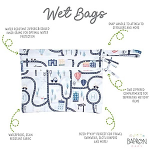 BapronBaby Tiny Town Wet Dry Bag - Waterproof Two Zipper Pockets - Reusable for Mealtime, Diapers, Stroller, Snacks, Swimsuits - Machine Washable - 11" x 9"