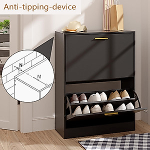 LYNSOM Shoe Cabinet, Free Standing Tipping Bucket Shoe Rack Organizer with 2 Flip Drawers, Modern Entryway Shoe Storage with Top Display, Narrow Slim Hidden Shoe Cabinet (Black)