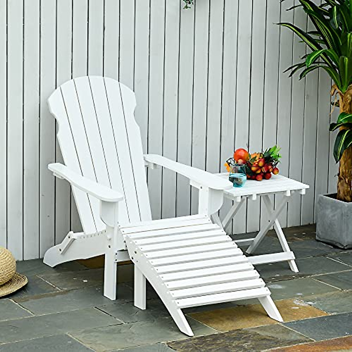 Outsunny 3-Piece Folding Adirondack Chair with Ottoman and Side Table, Outdoor Wooden Fire Pit Chairs w/High-Back, Wide Armrests for Patio, Backyard, Garden, Lawn Furniture, White