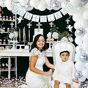 Elkanah Baptism Decorations for Boys Girls First Communion Decorations Bautizo Primera Comunion Decoracion Christening Decor Party Supplies Cake Topper Banner Balloons