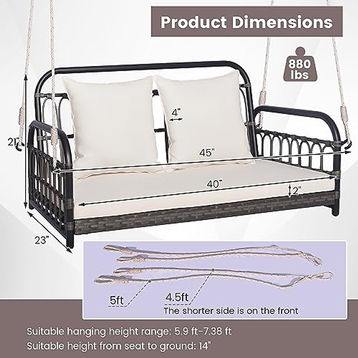 Tangkula Outdoor Wicker Porch Swing, 2-Person Hanging Seat with Seat & Back Cushions, Heavy-Duty Metal Frame & 2 Sturdy Hanging Ropes, Wicker Woven Swing Loveseat for Front Porch