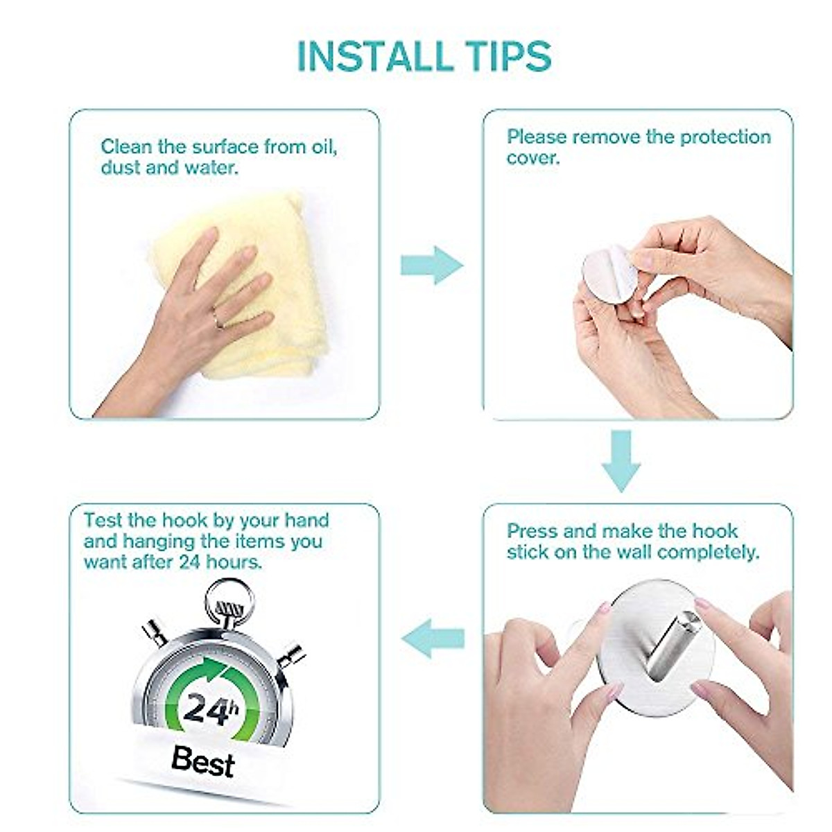 Vpang 4 Pcs Stainless Steel Adhesive Hooks Heavy Duty Wall Hooks Sticky Hanger for Kitchen Bathroom Office Garage (Type 5)