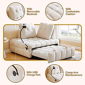 48" Pull Out Sofa Bed, Modern Convertible Sofa Bed Couch with Removale Back, Velvet Cloud Sofa with USB Port and Swivel Phone Stand, Suitable for Living Room, Apartment, Small Place - Beige