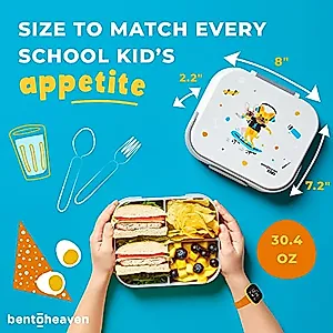 Bentoheaven Premium Bento Lunch Box for Kids, 9 Designs, Leak-proof 3-4 Compartments, Divider, Ideal size 30oz, Microwave/Dishwasher Safe Kids Bento Box (Loncheras Para Niños/Niñas)[Sand Gray]