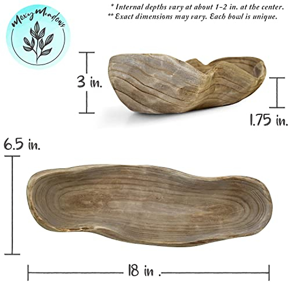 Moxy Meadows Large Wooden Dough Bowl - 18" long Wooden Decorative Bowl, great as a Centerpiece Bowl, Bread Bowl or Farmhouse Décor. Add style to your home with our wooden dough bowls for décor.