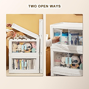 Collapsible Plastic Storage Bins with Lid, 4 Pack Foldable Storage Containers with Clear Double Doors and Wheels, 11 Gal Each Stackable Storage Box for Toys, Clothes, Books, Home, Closet Cabinet