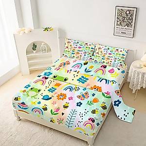 FUYEUN Rainbow Frogs Fitted Sheet Sets,Cartoon Floral Kids Bedding Twin Size for Girls Teens Adults Bedroom Bed, Kawaii Sheets Bedspread Set,1 Flat Sheet 1 Fitted Sheet 1 Pillowcase